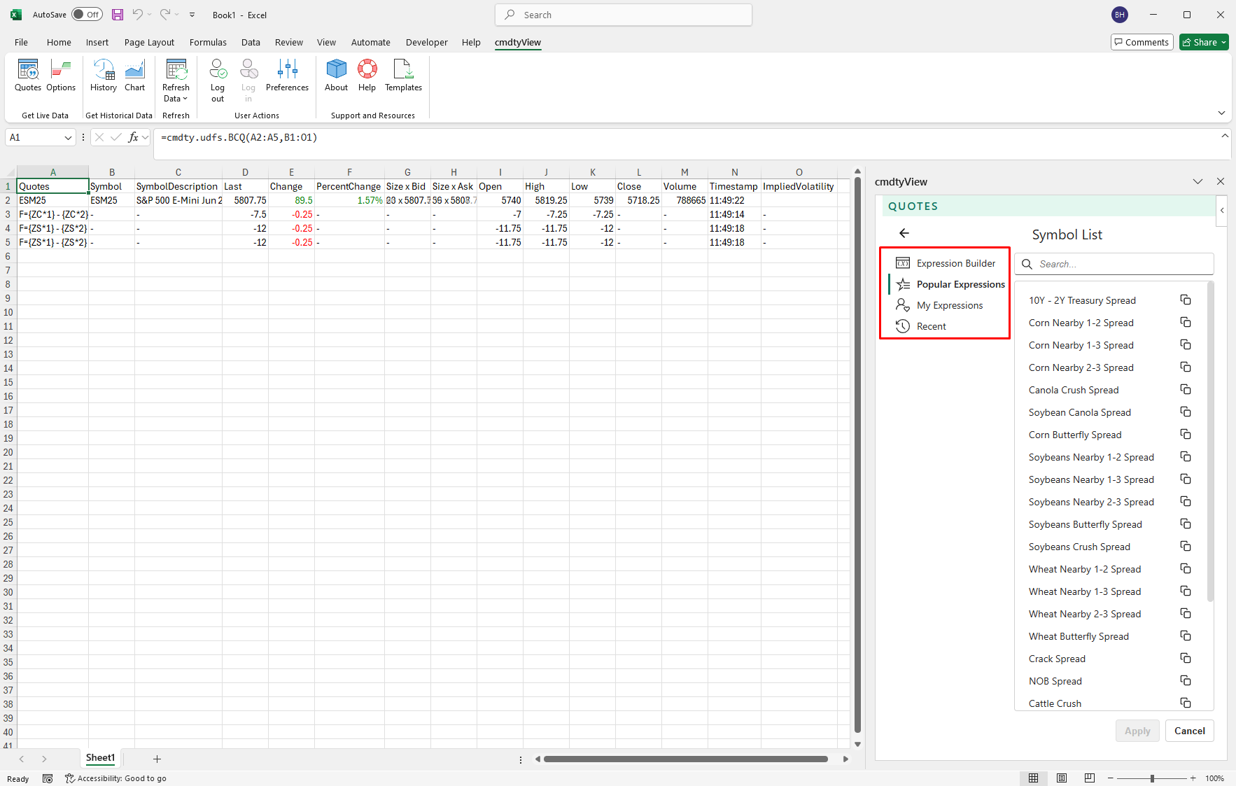 Expressions | cmdtyView for Excel