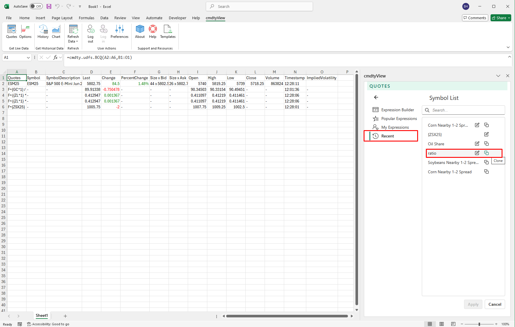 Expressions | cmdtyView for Excel