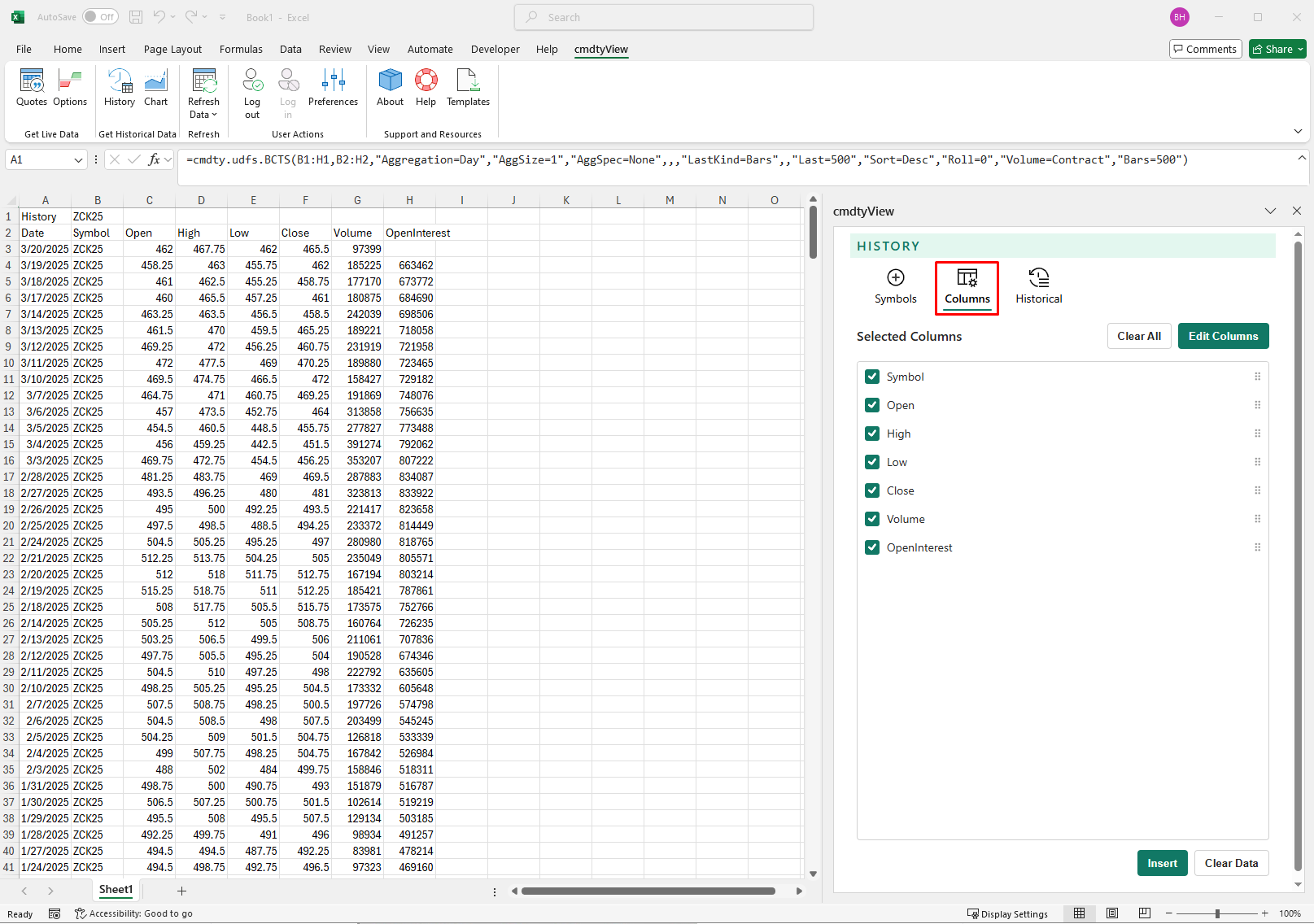 History | cmdtyView for Excel