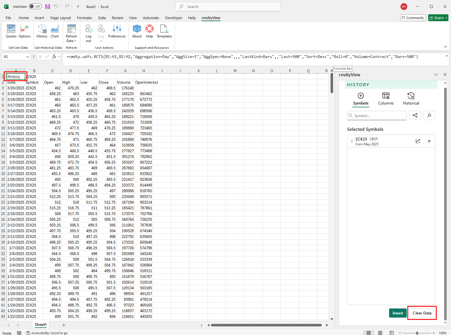 History | cmdtyView for Excel