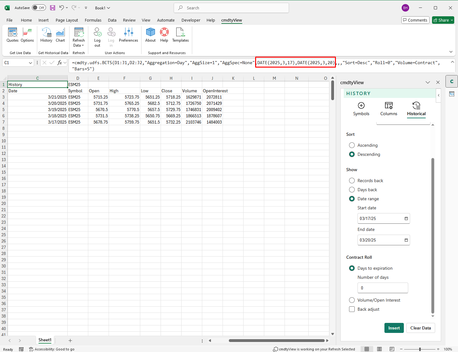 History | cmdtyView for Excel