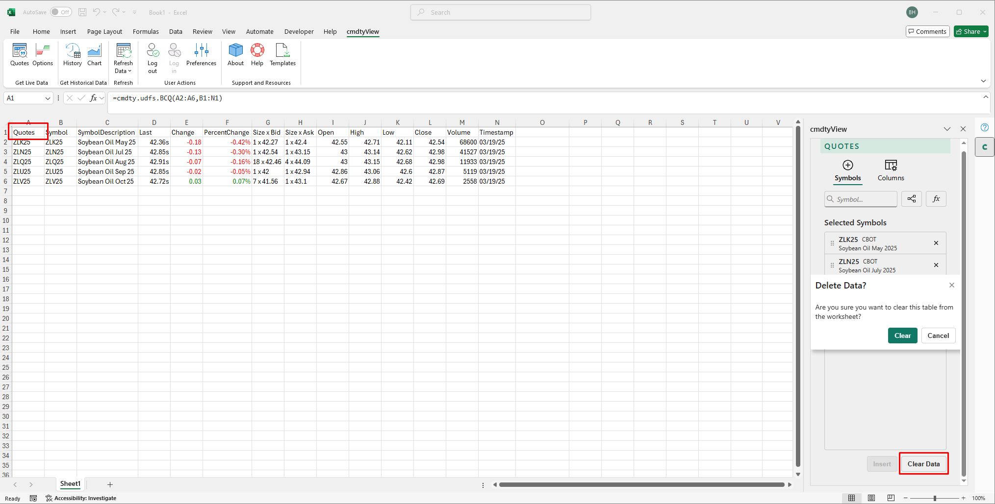 Quotes | cmdtyView for Excel
