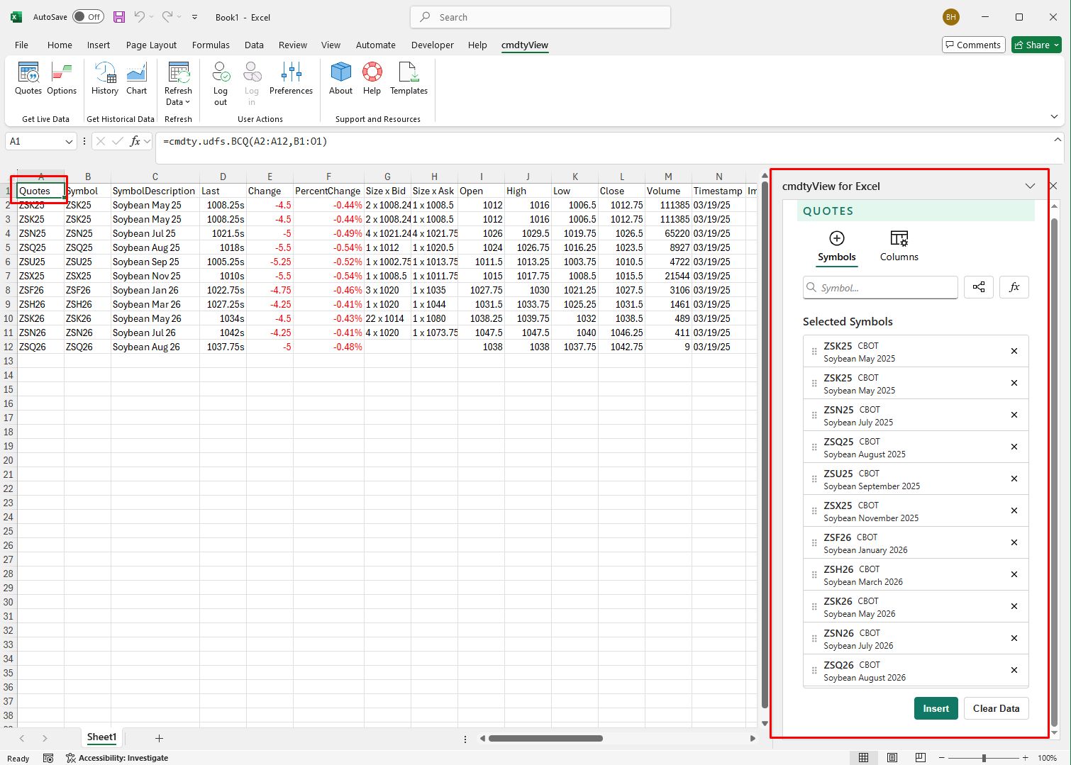 Quotes | cmdtyView for Excel