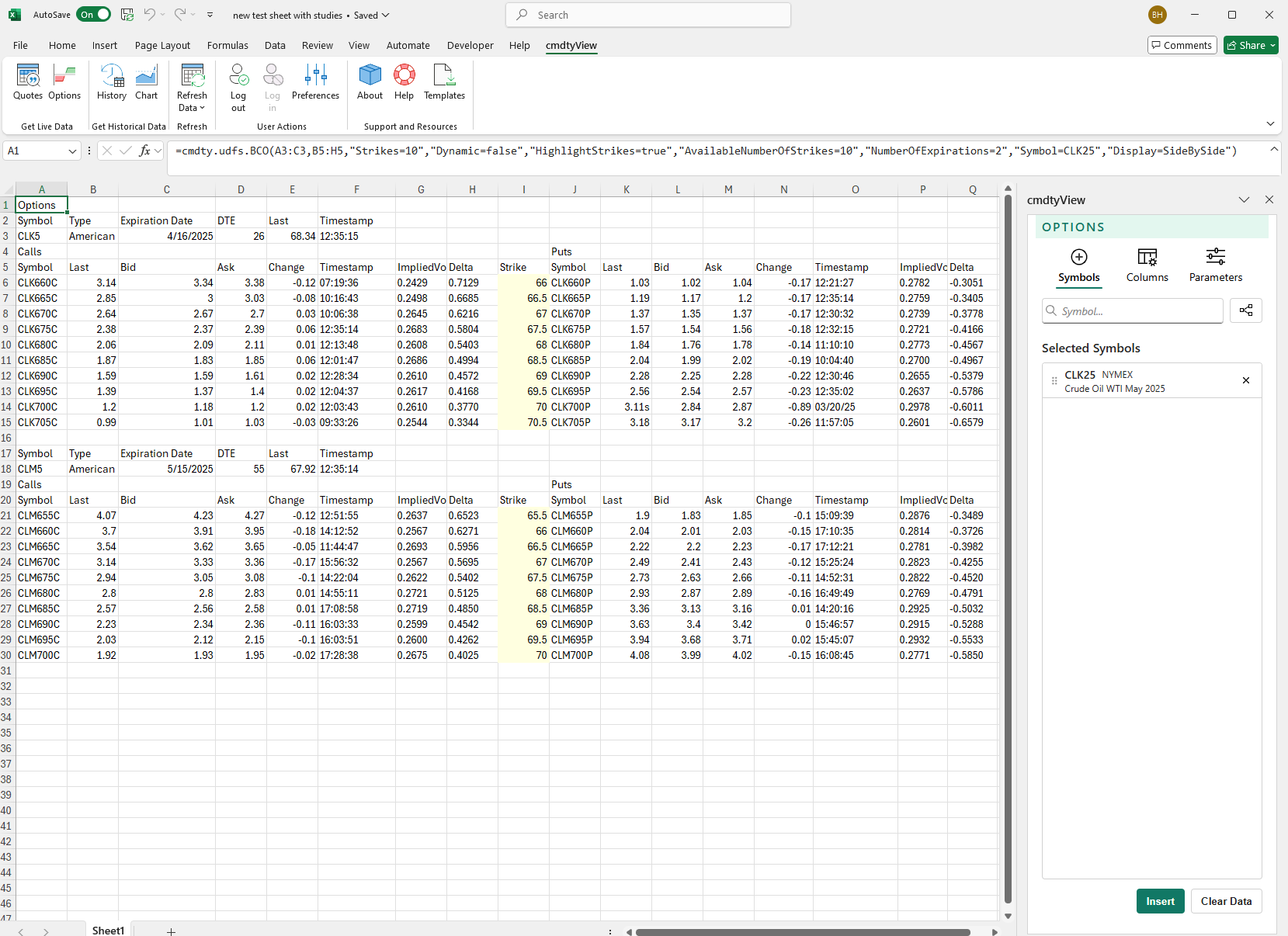Options | cmdtyView for Excel